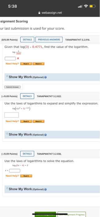 Solved 5:38 webassign.net signment Scoring ur last | Chegg.com