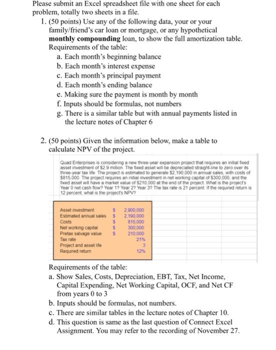 Solved Please submit an Excel spreadsheet file with one | Chegg.com