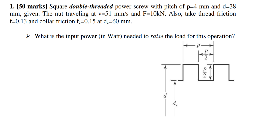 Square double-threaded power screw with pitch | Chegg.com