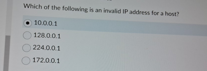 Solved Which of the following is an invalid IP address for a | Chegg.com