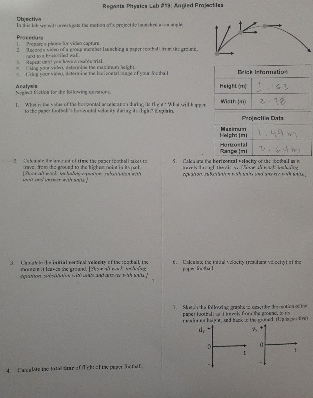Solved Regents Physics Lab \#19: Angled Projectiles | Chegg.com