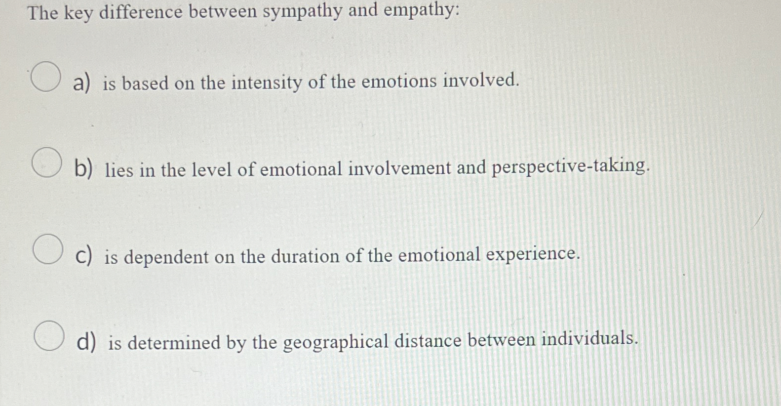 Solved The key difference between sympathy and empathy:a) | Chegg.com