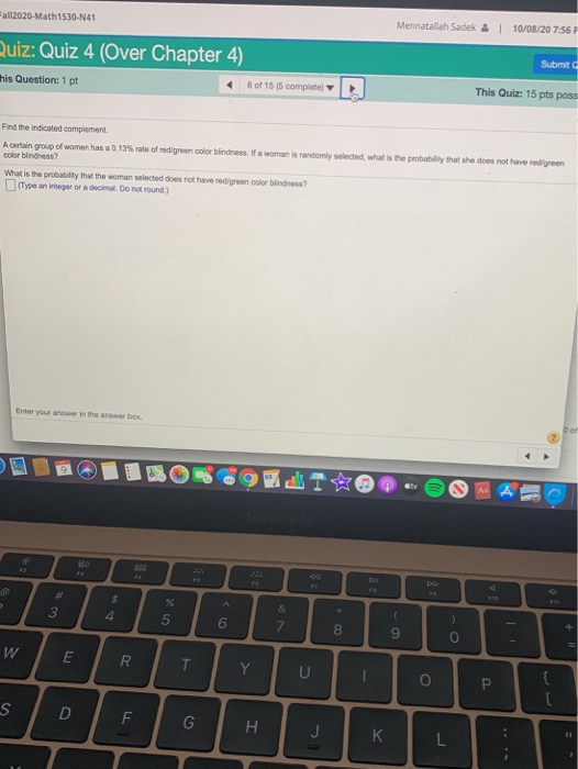 Solved Fall2020-Math1530-N41 Mennatallah Sadek & 10/08/20 | Chegg.com