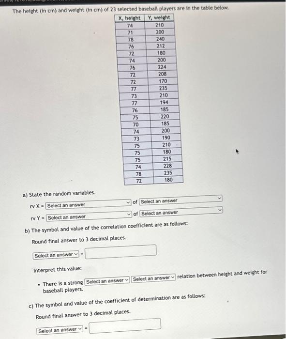 Solved The height (in cm ) and weight (in cm ) of 23 | Chegg.com