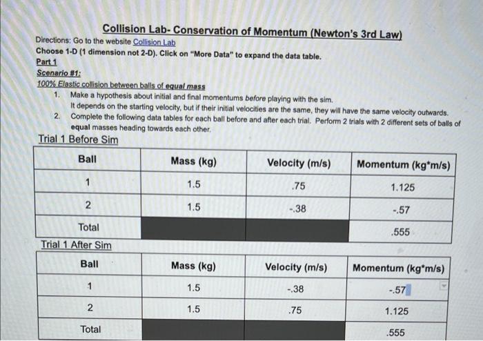 Solved Collision Lab- Conservation of Momentum (Newton's 3rd | Chegg.com
