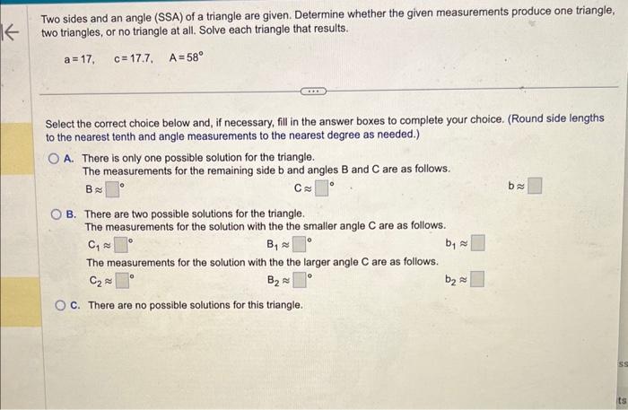 Solved Two sides and an angle (SSA) of a triangle are given. | Chegg.com