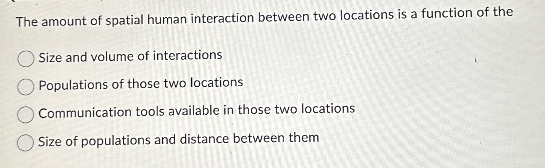 Solved The amount of spatial human interaction between two | Chegg.com