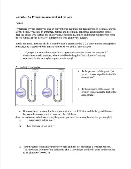 Solved Worksheet 5.a Pressure measurement and gas laws: | Chegg.com