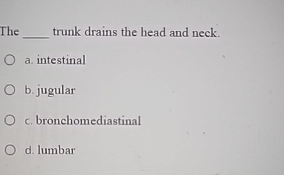 Solved The ﻿trunk drains the head and neck.a. | Chegg.com