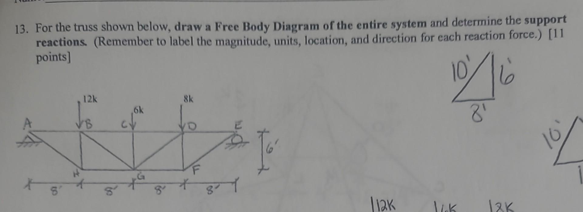 Solved 13. For the truss shown below, draw a Free Body | Chegg.com