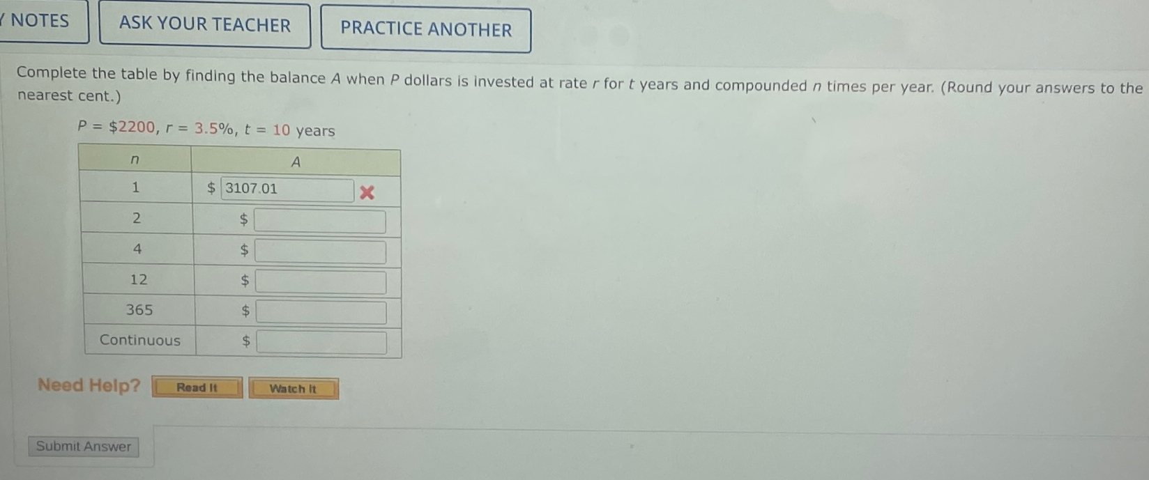 Solved Complete the table by finding the balance A when P | Chegg.com
