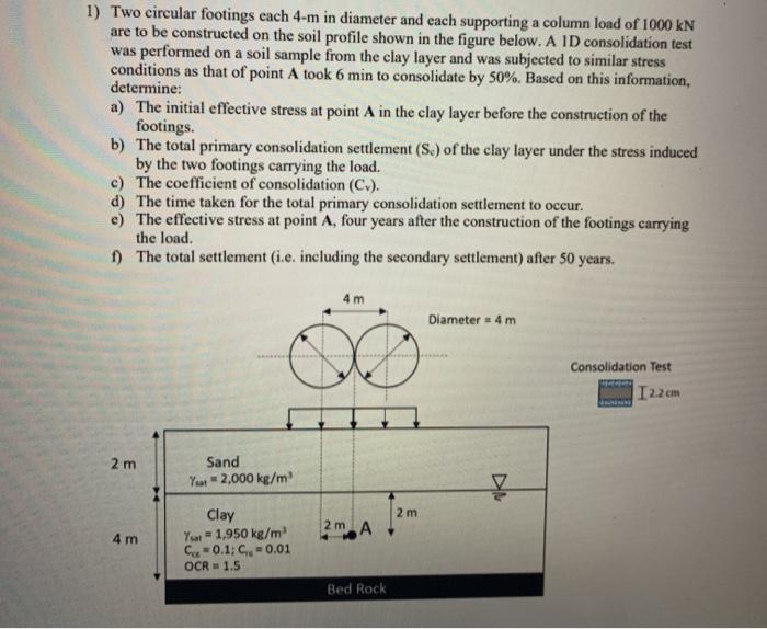 Solved 1) Two circular footings each 4-m in diameter and | Chegg.com