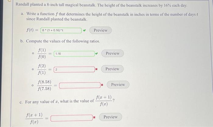 Solved Randall planted a 8-inch tall magical beanstalk. The | Chegg.com