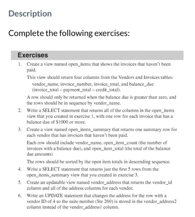 Solved Description Complete the following exercises: | Chegg.com