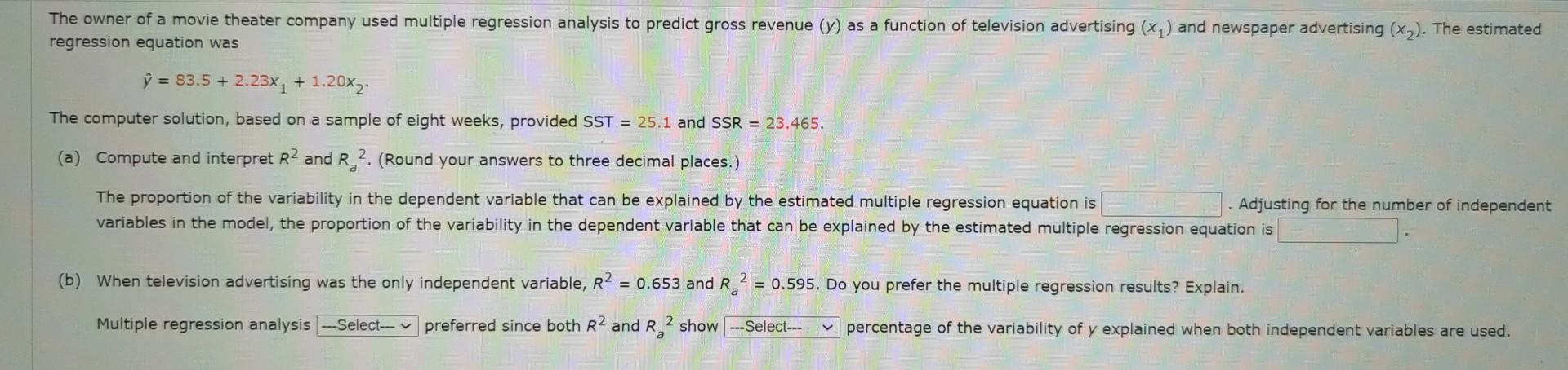 Solved regression equation was y^=83.5+2.23x1+1.20x2 The | Chegg.com