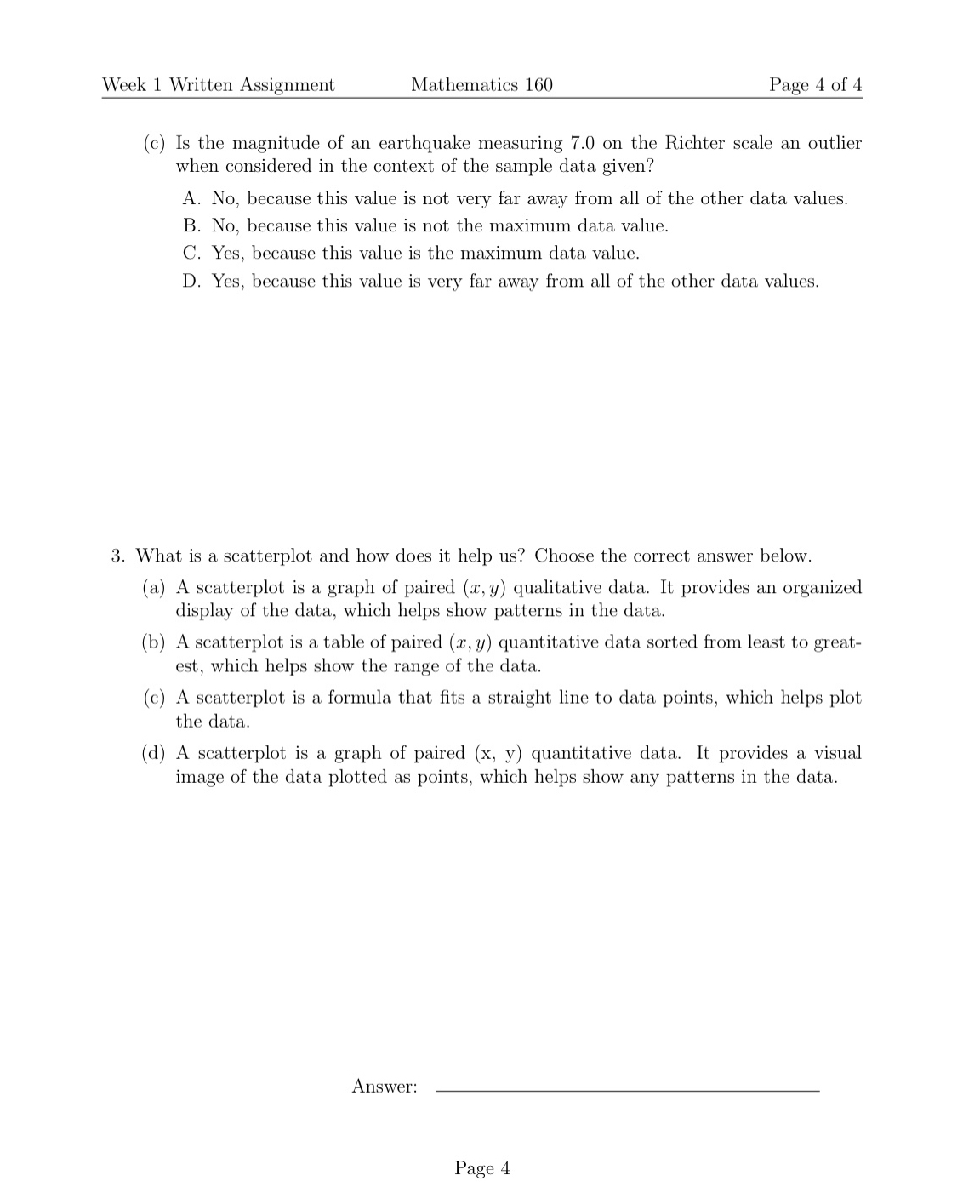 Solved Week 1 ﻿Written AssignmentMathematics 160Page 4 ﻿of | Chegg.com
