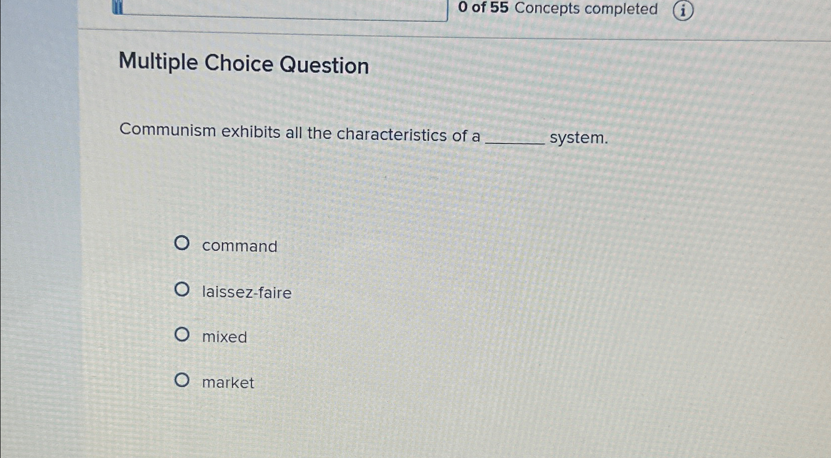 Solved 0 ﻿of 55 ﻿Concepts completed(i)Multiple Choice | Chegg.com