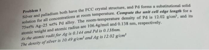 Solved Problem 1 Silver and palladium both have the FCC | Chegg.com