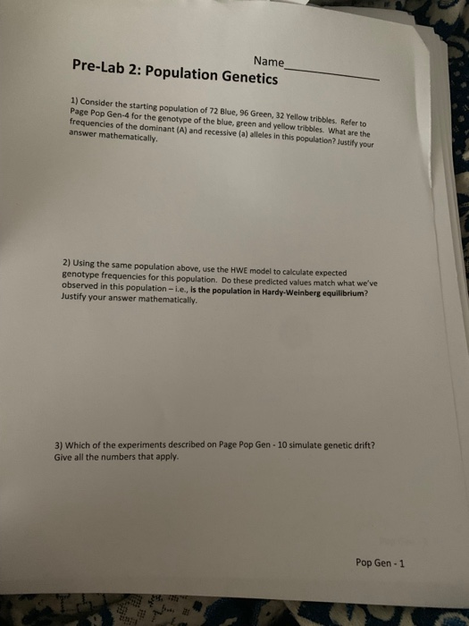 Solved Pre-Lab 2: Population Genetics Name 1) Consider the | Chegg.com