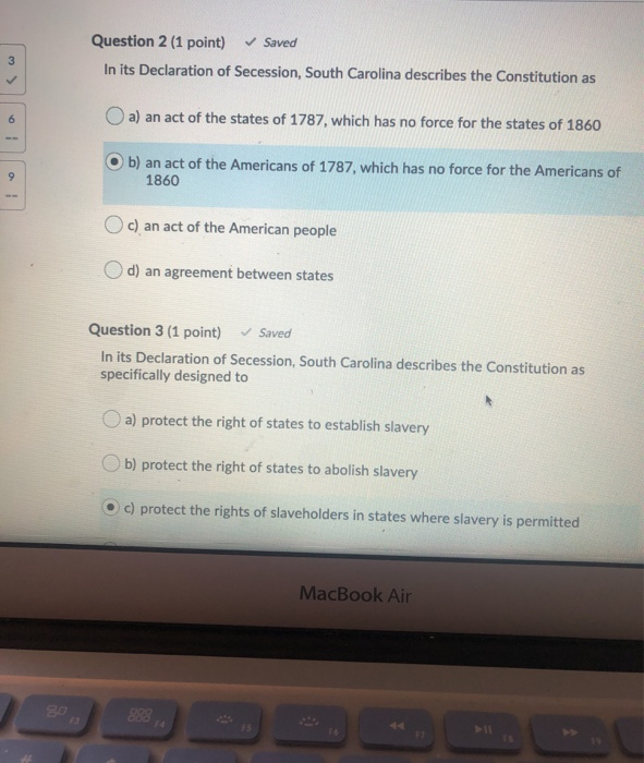 In its Declaration of Secession, South Carolina uses | Chegg.com