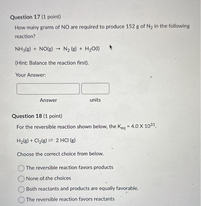 Solved Question 17 (1 point) How many grams of NO are | Chegg.com