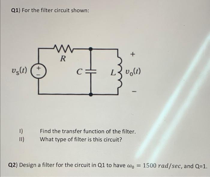 Solved Q1) For the filter circuit shown: w + R vs(1) vo(t) | Chegg.com