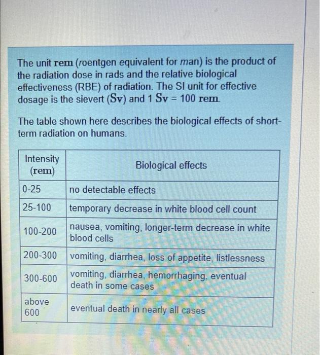 Solved The unit rem (roentgen equivalent for man) is the | Chegg.com