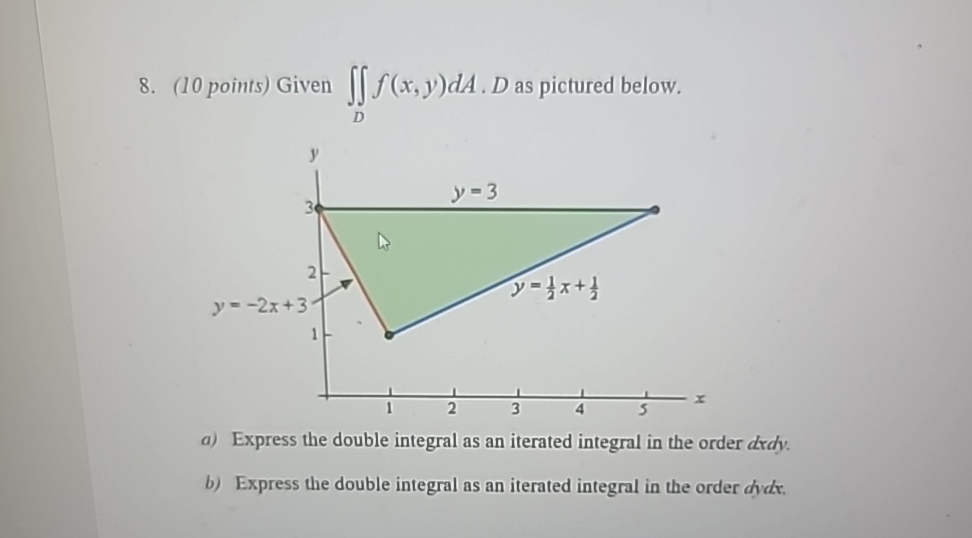 Solved (10 ﻿points) ﻿Given ∬Df(x,y)dA.D ﻿as pictured | Chegg.com