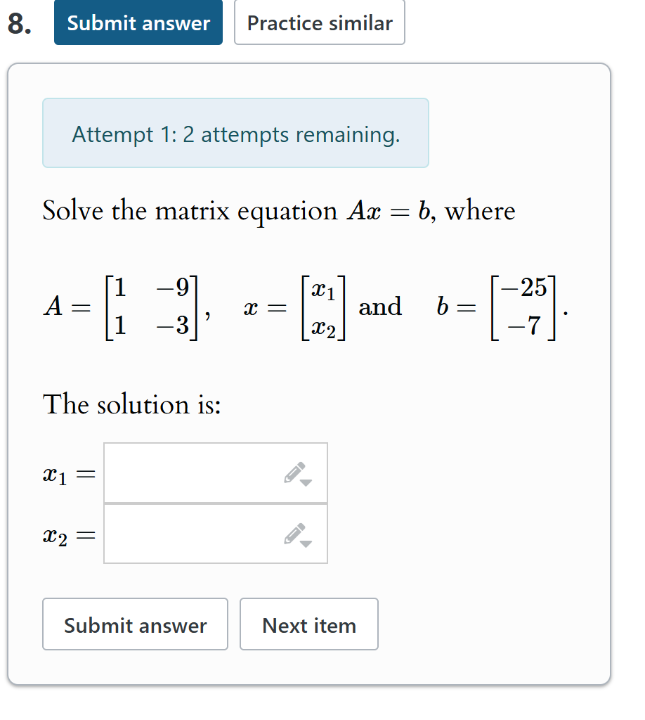 Solved Attempt 1: 2 ﻿attempts remaining.Solve the matrix | Chegg.com