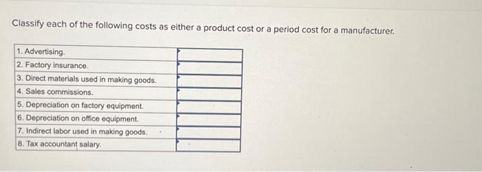 Classify each of the following costs as either a | Chegg.com