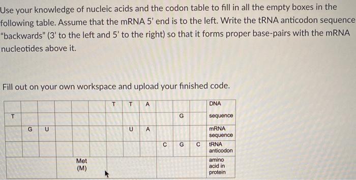 Solved Use your knowledge of nucleic acids and the codon | Chegg.com