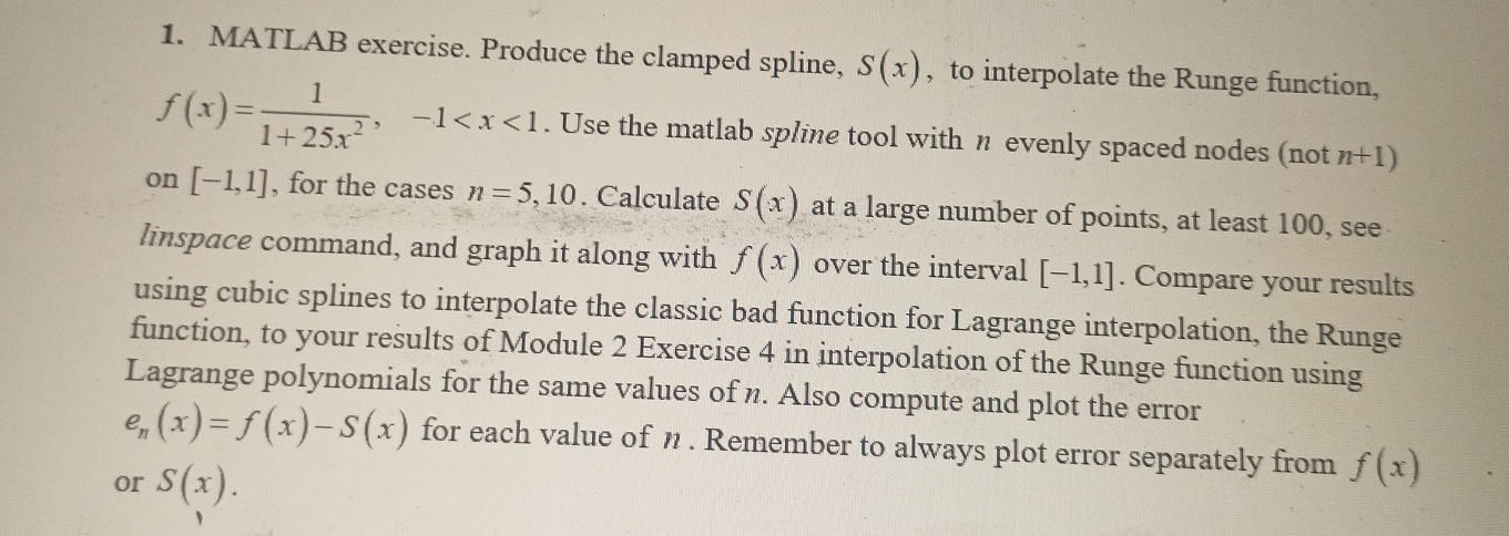 MATLAB exercise. Produce the clamped spline, S(x), | Chegg.com