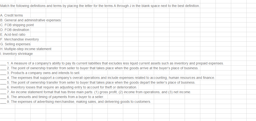 Solved Match the following definitions and terms by placing | Chegg.com
