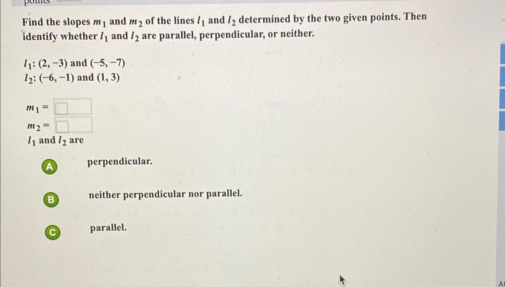 Solved Find the slopes m1 ﻿and m2 ﻿of the lines l1 ﻿and l2 | Chegg.com