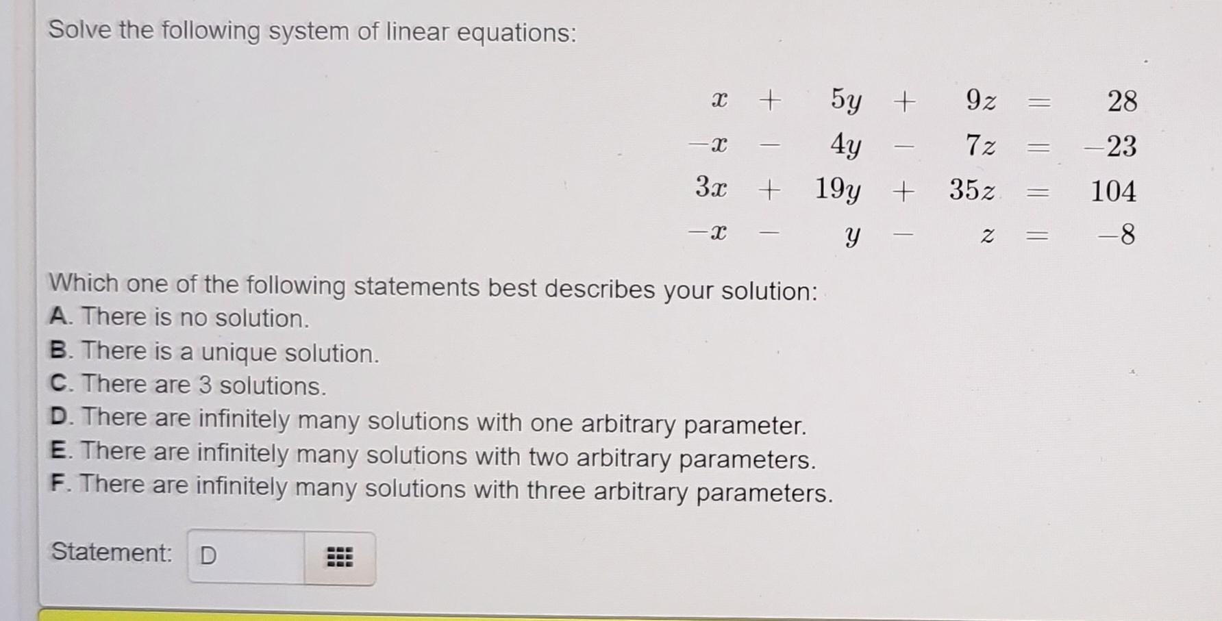 Solved solve the system of linear equ ations for x, y, | Chegg.com
