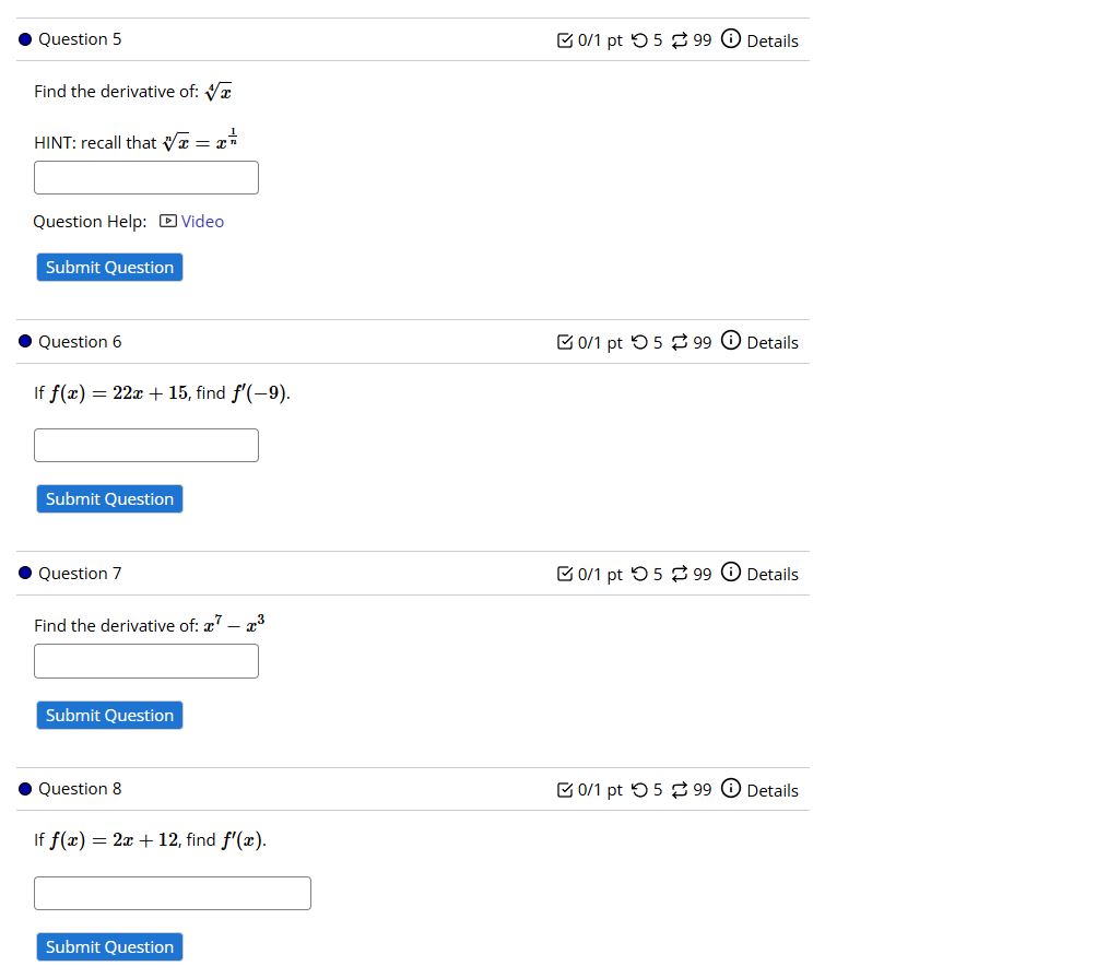 Solved Question 5Find the derivative of: x4HINT: recall that | Chegg.com