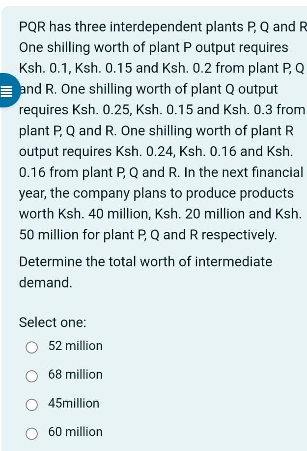 Solved PQR has three interdependent plants P,Q and R One | Chegg.com
