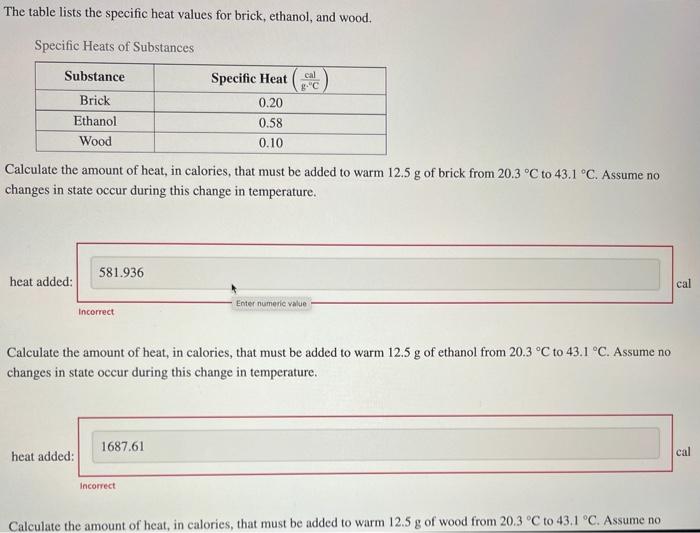 Solved The table lists the specific heat values for brick, | Chegg.com