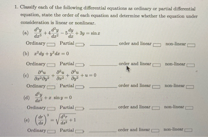 Solved 1. Classify each of the following differential | Chegg.com
