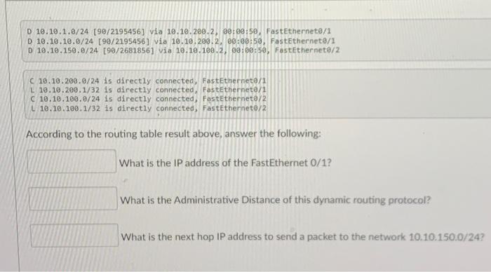 Solved D 10.10.1.0/24[9θ/2195456] v1a 10.10.260.2,00:00:50, | Chegg.com