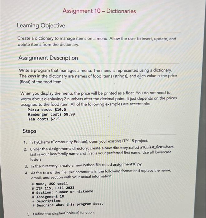 Solved Assignment 10 - Dictionaries Learning Objective | Chegg.com