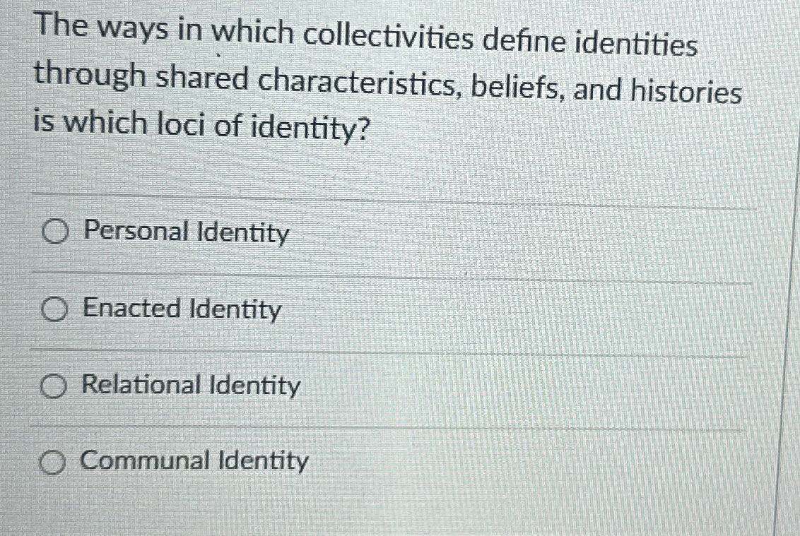 Solved The ways in which collectivities define identities | Chegg.com