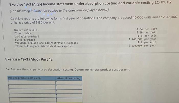 Solved Exercise 19-3 (Algo) Income statement under | Chegg.com