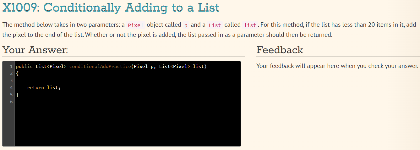 Solved X1009: Conditionally Adding to a ListThe method below | Chegg.com