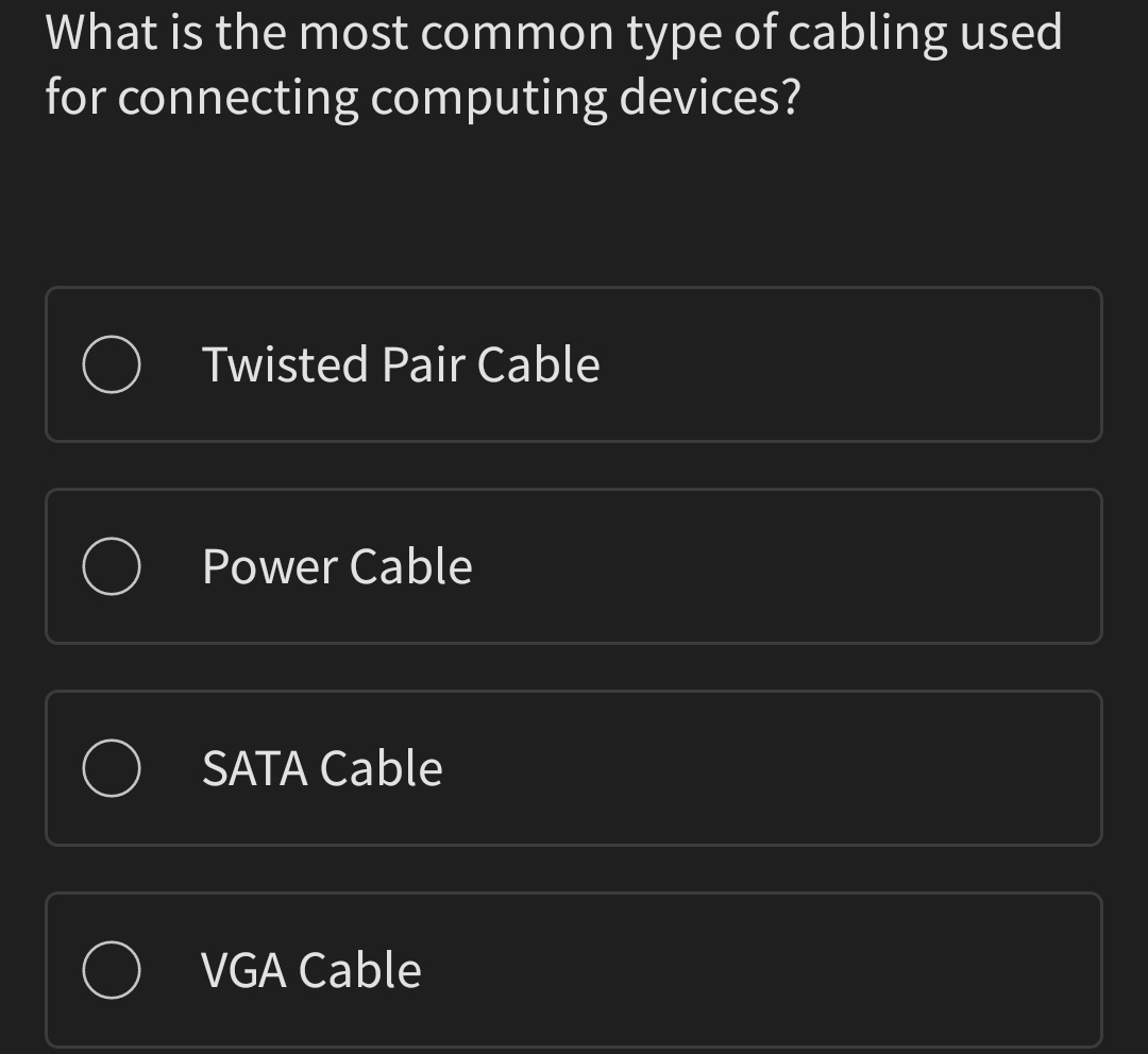 Solved What is the most common type of cabling used for | Chegg.com