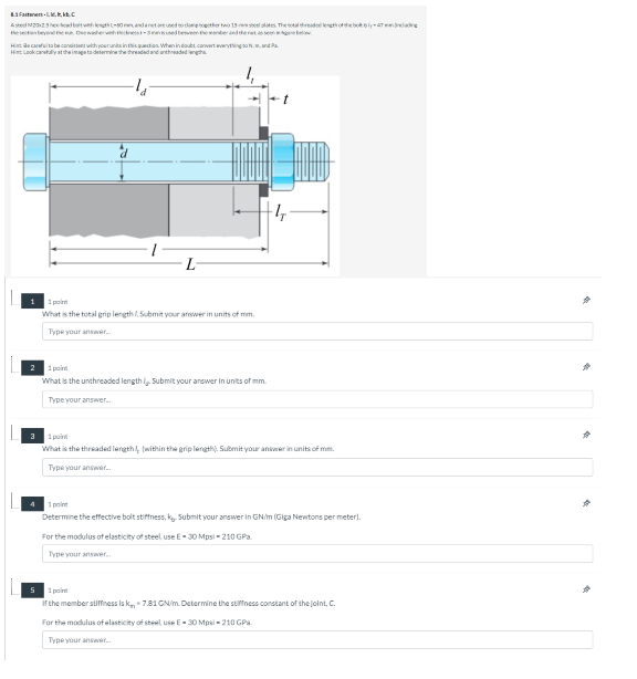 Solved A steel M20x2.5 ﻿hex-head bolt with length L=60 ﻿mm, | Chegg.com