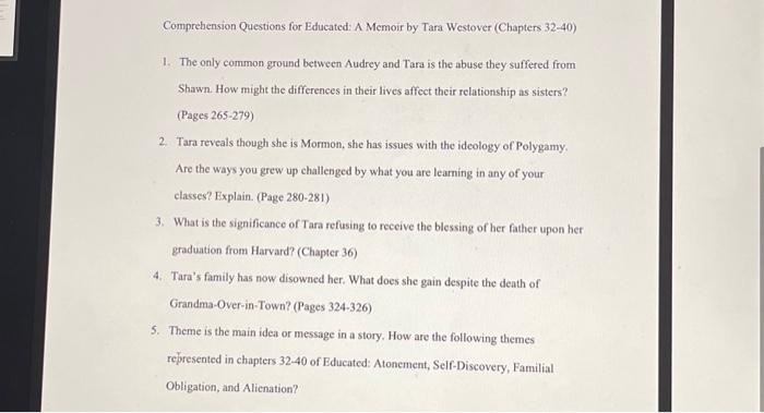 Solved Comprehension Questions for Educated: A Memoir by | Chegg.com