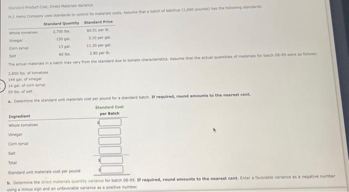Solved standart Fioduct Cot, oiroct Materials Varlance 2,000 | Chegg.com