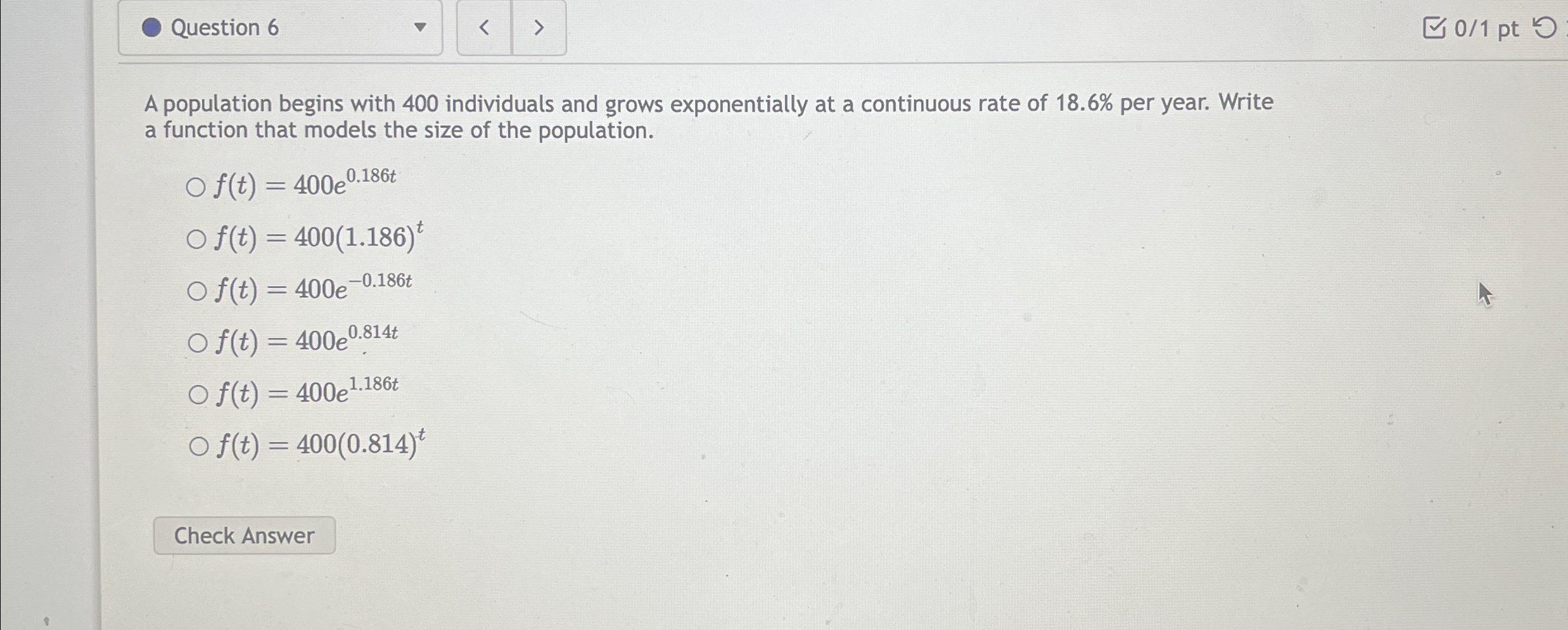 Solved Question 601 ﻿ptA population begins with 400 | Chegg.com