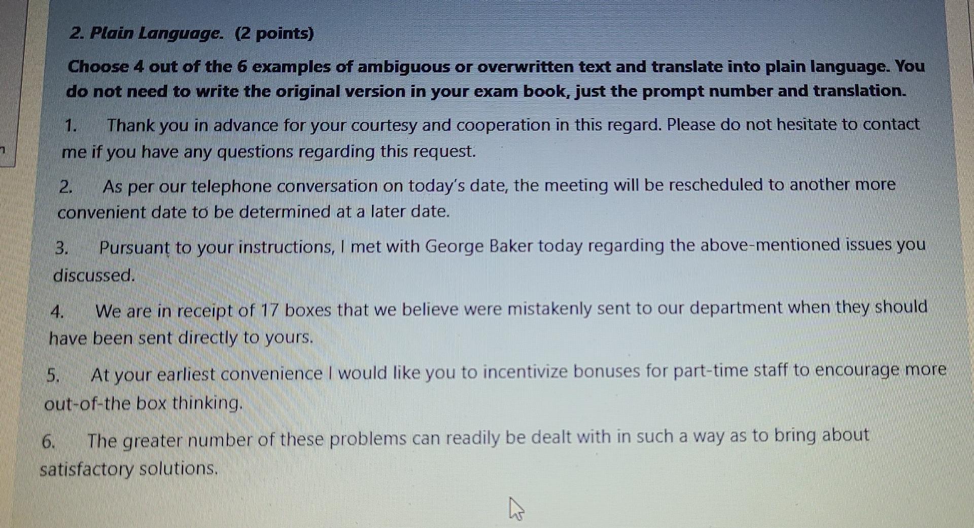 2. Plain Language. (2 points) Choose 4 out of the 6 | Chegg.com